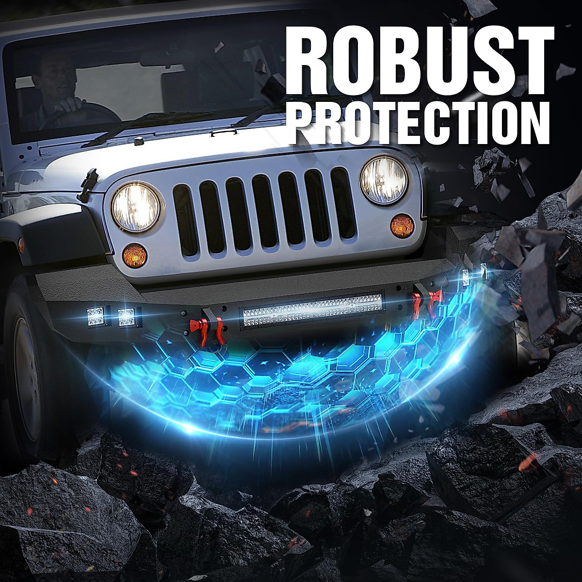 YZONA Full Width Front & Rear Bumper with Spare Tire Carrier Compatible with 2007-2018 Jeep Wrangler JK JKU Unlimited with Paintable Armor, LED Lights, License Plate Bracket, Hitch Receiver & D-rings