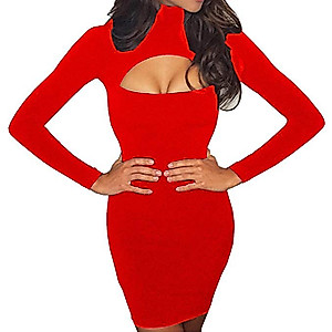 Haola Women's Long Sleeve Cut Out Front Sexy Club Bodycon Dress Party Mini Bandage Dress S Red