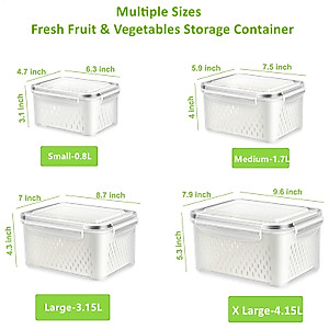 Fruit Storage Containers For Fridge,Fridge Organizers and Storage Include Drain Baskets & Lid,Food Storage Containers for Salad Berry Lettuce Food Meat Fish Celery