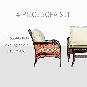 Outsunny 4-Piece Outdoor Wicker Sofa Set, Outdoor PE Rattan Conversation Furniture with 4 Chairs & Table, Water-Fighting Material, White