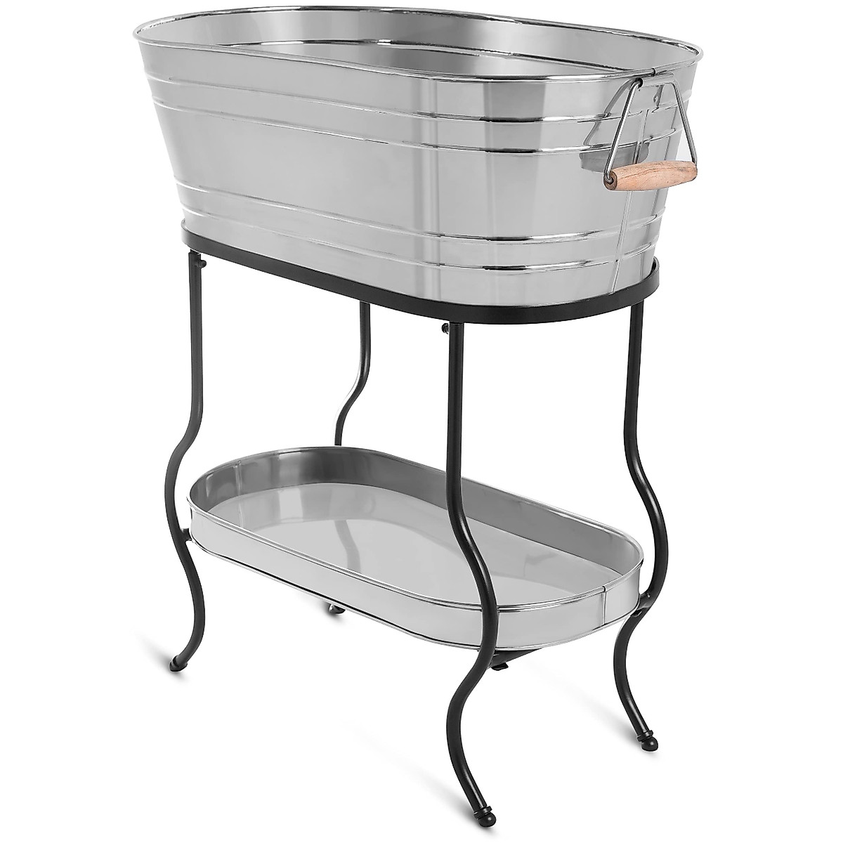 BIRDROCK HOME Stainless Steel Beverage Tub with Stand - Bottom Tray - Ice Bucket - Party Drink Holder - Wooden Handles - Outdoor or Indoor Use - Free Standing