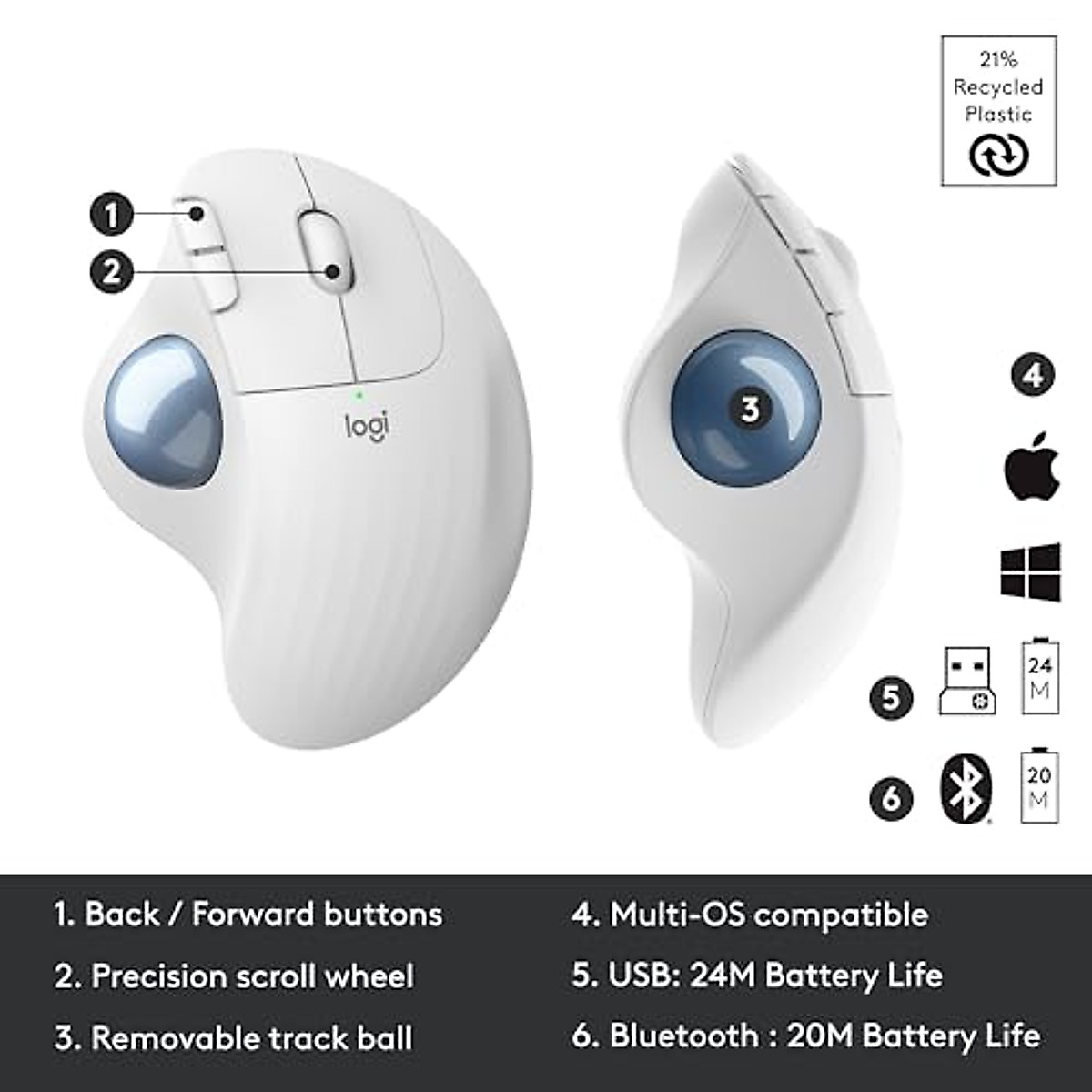 Logitech ERGO M575 Wireless Trackball Mouse - Easy thumb control, precision and smooth tracking, ergonomic comfort design, for Windows, PC and Mac with Bluetooth and USB capabilities - Off White