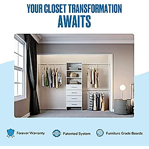 MC Modular Closets Closet Shelves Tower With Hanging Kit - Built In Organizer System Corner Organizers And Storage Shelves Shelving Expands From 52'' 120'' (EXTW-AS-25.5) (Shelves and Drawers), White