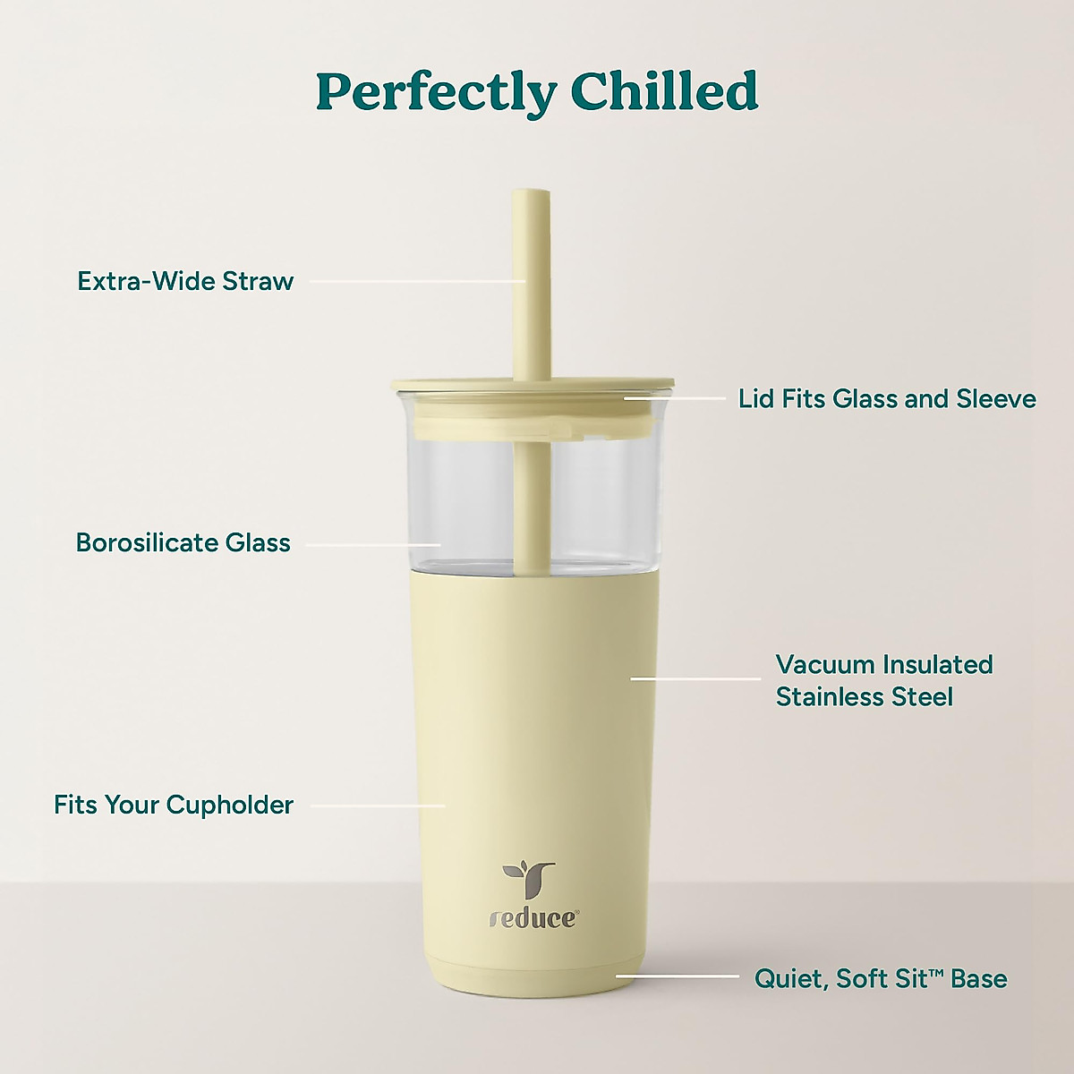 REDUCE Aspen 20 oz Vacuum Insulated Glass Tumbler with Lid & Extra Wide Straw - Keeps Drinks Cold for 12 Hrs - Ideal for Iced Coffee, Smoothies & Boba - Dishwasher Safe, Soft Base - French Vanilla