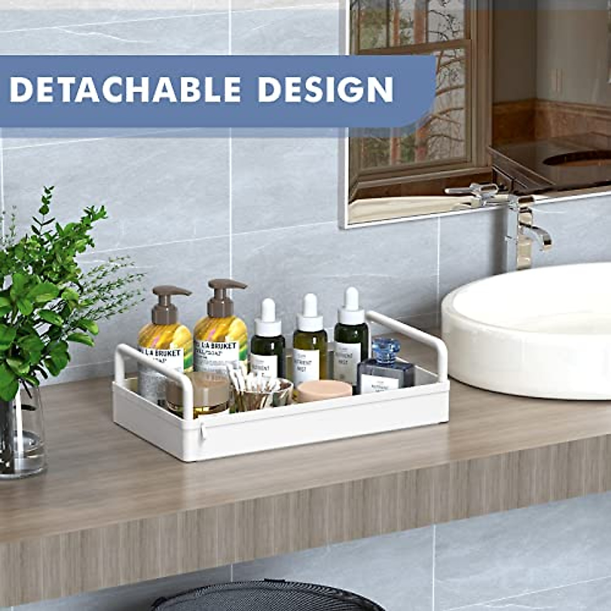 SOLEJAZZ Under Sink Organizers and Storage Multi-Purpose, 2 Tier Under Bathroom Cabinet Storage with Dividers, Hooks, Cup for Bathroom, Kitchen, White