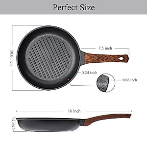 Vinchef 10 Inch Aluminum Nonstick Grill Pan for Stove Tops|Round Grill Pan With Wooden Stay Cool Handle|Induction Compatible