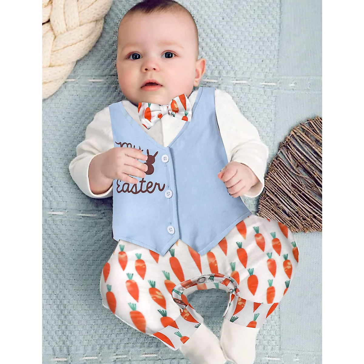 Aulyffo My First Easter Baby Boy Outfit 9-12 Months Baby Boy Easter Outfit Long Sleeve Bunny Romper Radish One Piece Jumpsuit with Bow Tie Easter Outfit Baby Boy Clothes