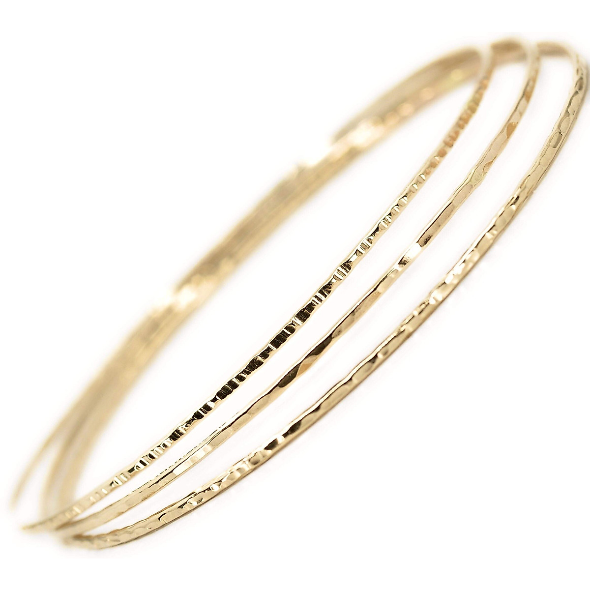 14k gold filled Bangles hammered slip on set of 3 textures, Mu-Yin Jewelry Handmade in USA (M)