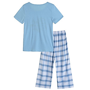 YIJIU Women's Capri Pajama Sets Summer Letter Coffee Print Short Sleeve Sleepwear Pjs Sets,Blue Plaid,XXL