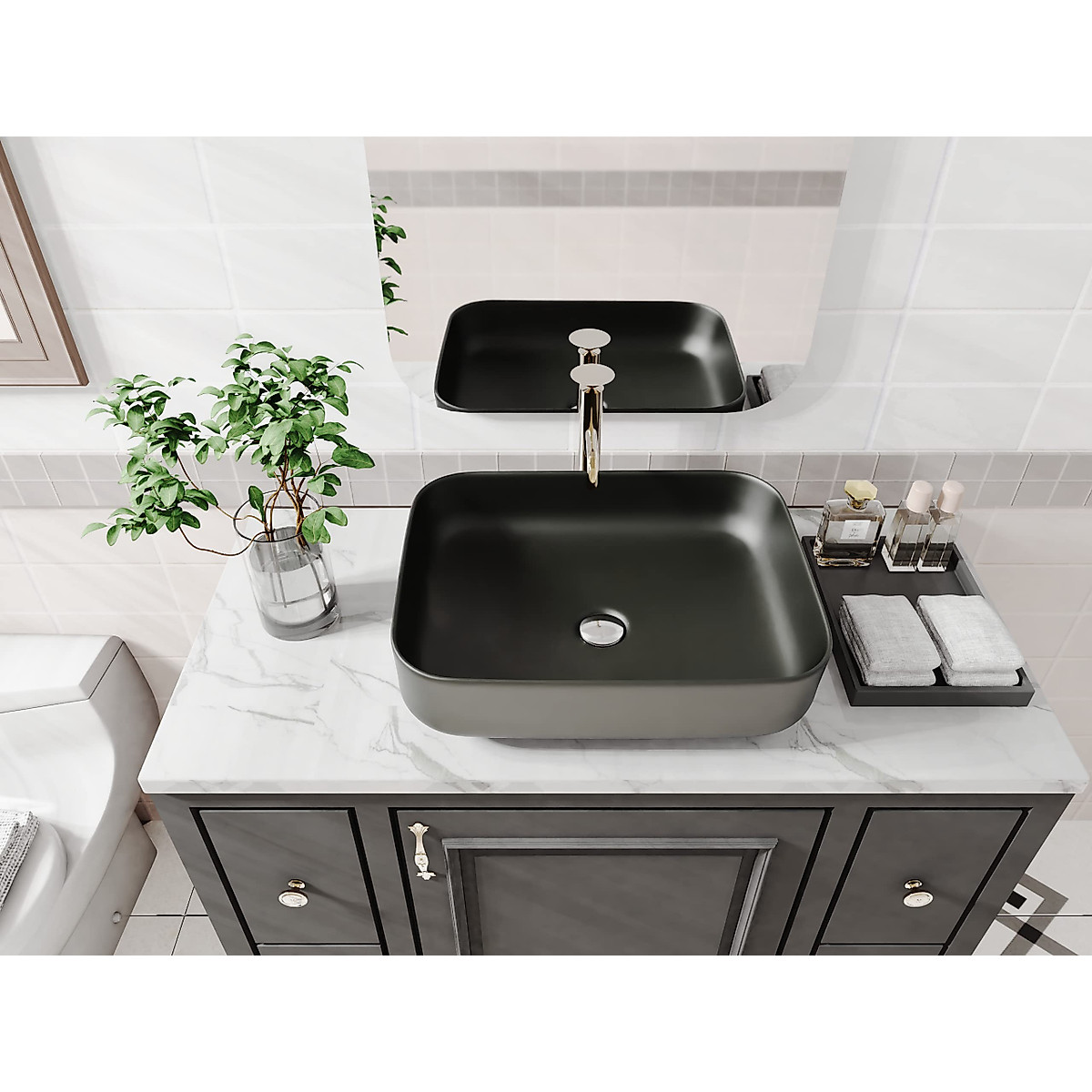 ELLAI Bathroom Vessel Sink Rectangle Bathroom Sink Bowl Above Counter Porcelain Ceramic Top Mount Rectanglar Sink Countertop Vanity Art Basin for Bathroom 19.7"x15.2"x5.4” Matte Black