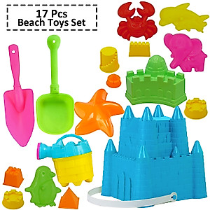 4E's Novelty Beach Toys for Kids with Bag (17 Pcs Set) Castle Beach Bucket with Shovels & Molds - Beach Toys for Kids 3-10, Sand Toys for Toddlers with Mesh Beach Bag Backpack