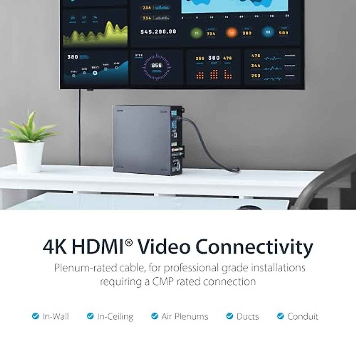 StarTech.com 35ft Plenum Rated HDMI Cable, 4K High Speed Long HDMI Cord w/ Ethernet, 4K30 UHD, 10.2 Gbps, HDCP 1.4, In Wall Plenum HDMI 1.4 Display Cable, HDMI to HDMI Computer to TV Cable (HDPMM35)