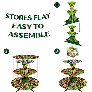 3 Tier Jungle Safari Cupcake Stand, Wild Animal Dessert Holder for Forest Jungle Safari Birthday Baby Shower Sage Green Party Decorations Supplies for 24 Cupcakes