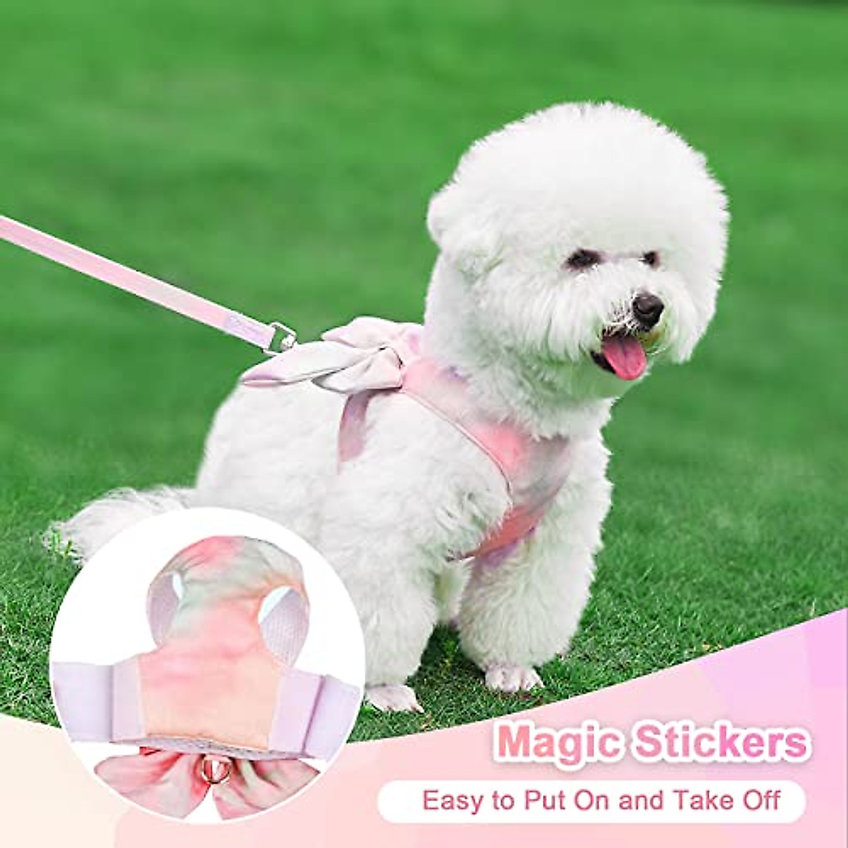 PETCARE Cute Bow Tie Dog Harness and Leash Set Elegant Rainbow Gradient Puppy Harness No Pull Soft Mesh Pet Cat Dog Vest Harnesses for Small Dogs Cats, Pink