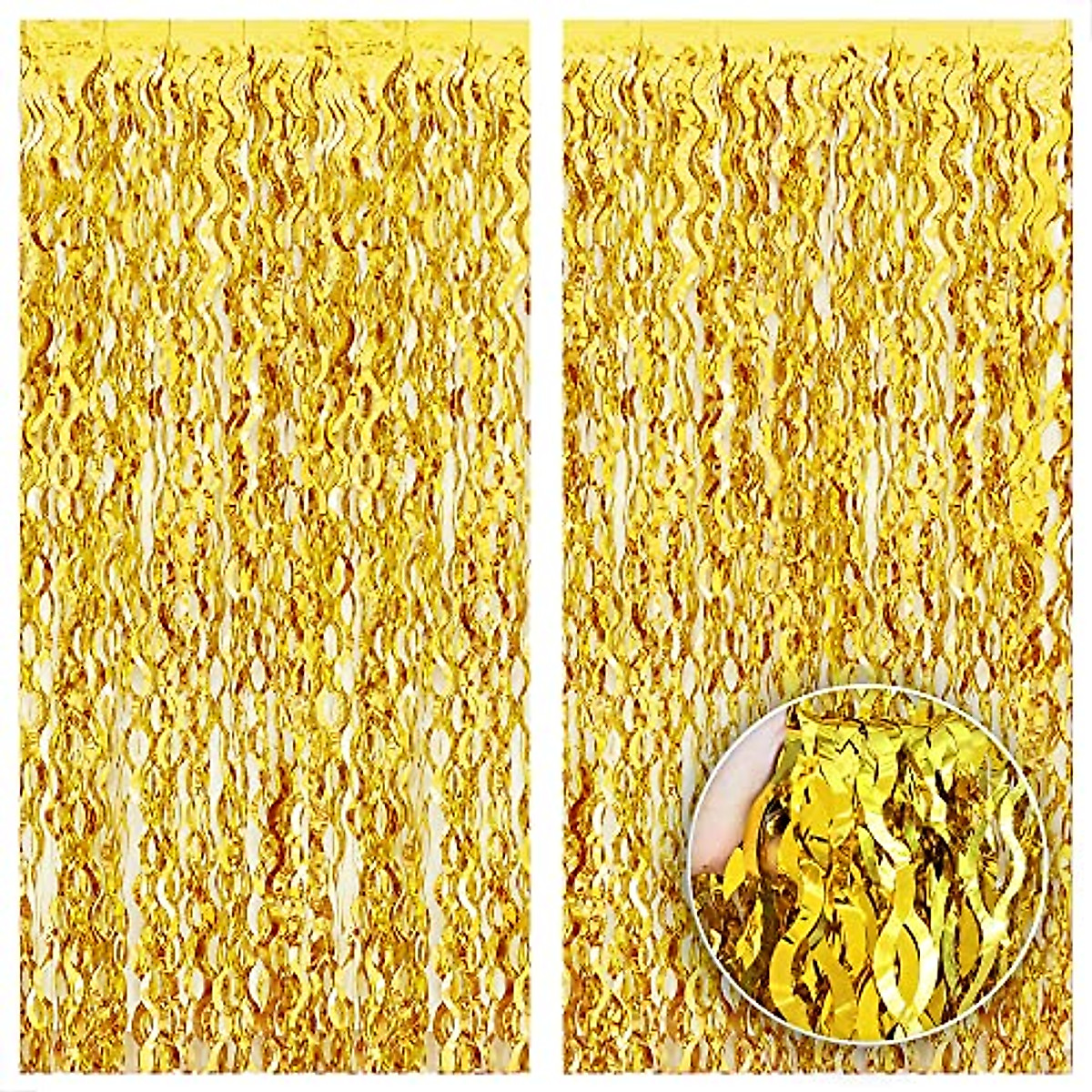 KatchOn, XtraLarge Wave Gold Backdrop Curtain - 6.4x3.2 Feet, Pack of 2 | Gold Fringe Curtain Backdrop for Gold Streamers Party Decorations | Gold Foil Curtain | Golden Birthday Decorations for Boys