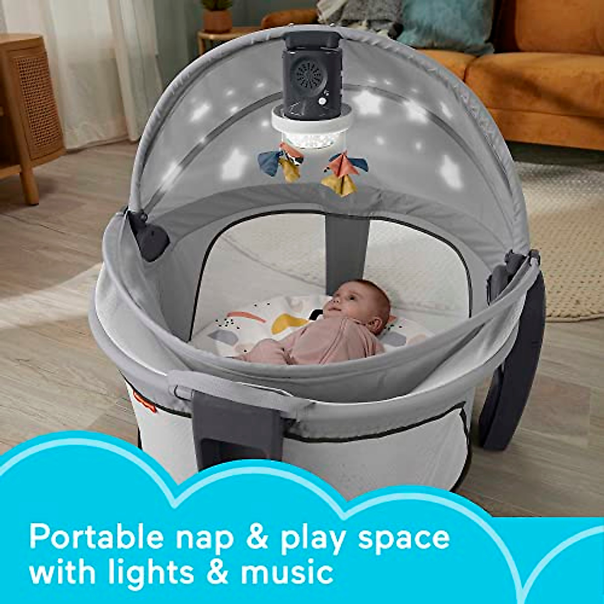 Fisher-Price Portable Baby Bassinet And Play Space Deluxe On-The-Go Projection Dome With Lights Music And Canopy, Paper Shapes