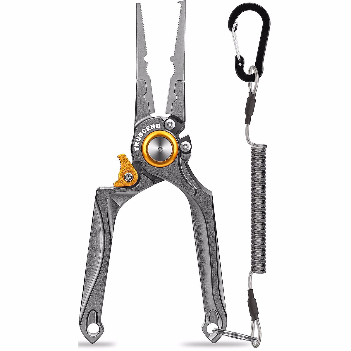 TRUSCEND Lockable Handy Fishing Pliers with Innovative Ergonomical Handle, Corrosion Saltwater Resistant Teflon Coated Fishing Tool, Multi-Function Fishing Gear with Mo-V Cutter, Amazing Fishing Gifts