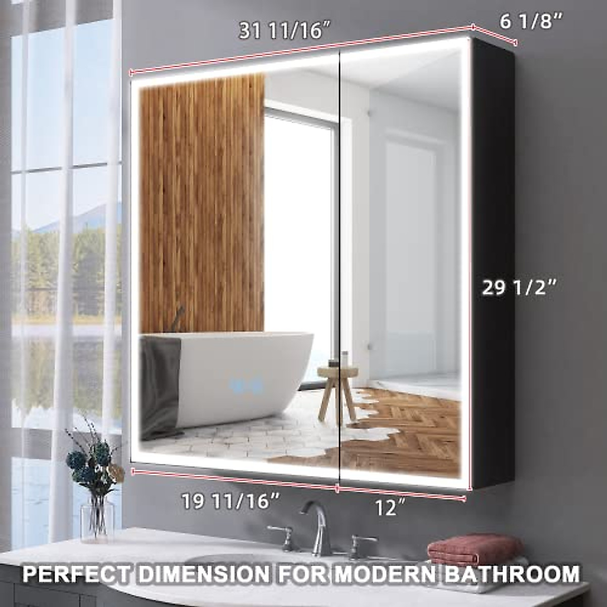 VESLINY Medicine Cabinets 30x32 LED Lighted Medicine Cabinet with Mirror for Bathroom Double Doors with Flip-Out Magnifying Mirror Door Storage Defogger Dimmable Lighting Black Surface Wall Mount