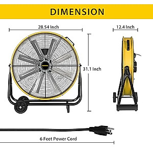 VENTISOL 24 Inch Industrial Floor Drum Fan, 8600 CFM Heavy Duty Floor Fan 3-Speed Air Circulator with Castors, High Velocity Commercial Shop Fan for Warehouse, Basement, Facotry, Barn, Garage