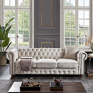 ERYE Clasic Chesterfield 3 Seaters Sofa Couch W/Luxury Roller Armrest Soild Wood Legs Linen Fabric Upholstered Button Tufted Sofa&Couch with Removable Cushions & Nailhead Decor