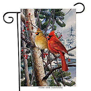 Artofy Winter Welcome Decorative Small Garden Flag Cardinal Red Yellow Birds, House Yard Pine Tree Branches Berry Outside Decor, Christmas Home Outdoor Burlap Farmhouse Decoration Double Sided 12 x 18