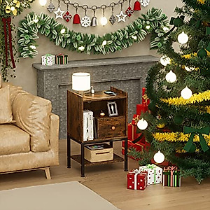 Gannyfer Nightstand with Charging Station, Night Stand with USB Ports and Storage Drawer, Modern 3-Tier End Side Table, Small Wood Bedside Table for Bedroom,Living Room,Rustic Brown