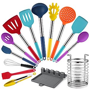 HOTEC Heat Resistant Silicone Kitchen Utensils, Cooking Utensil Set, Spatula Set, BPA Free, Kitchen Gadgets, with Stainless Steel Utensils Holder, Dishwasher Safe, 14pcs Multicolor
