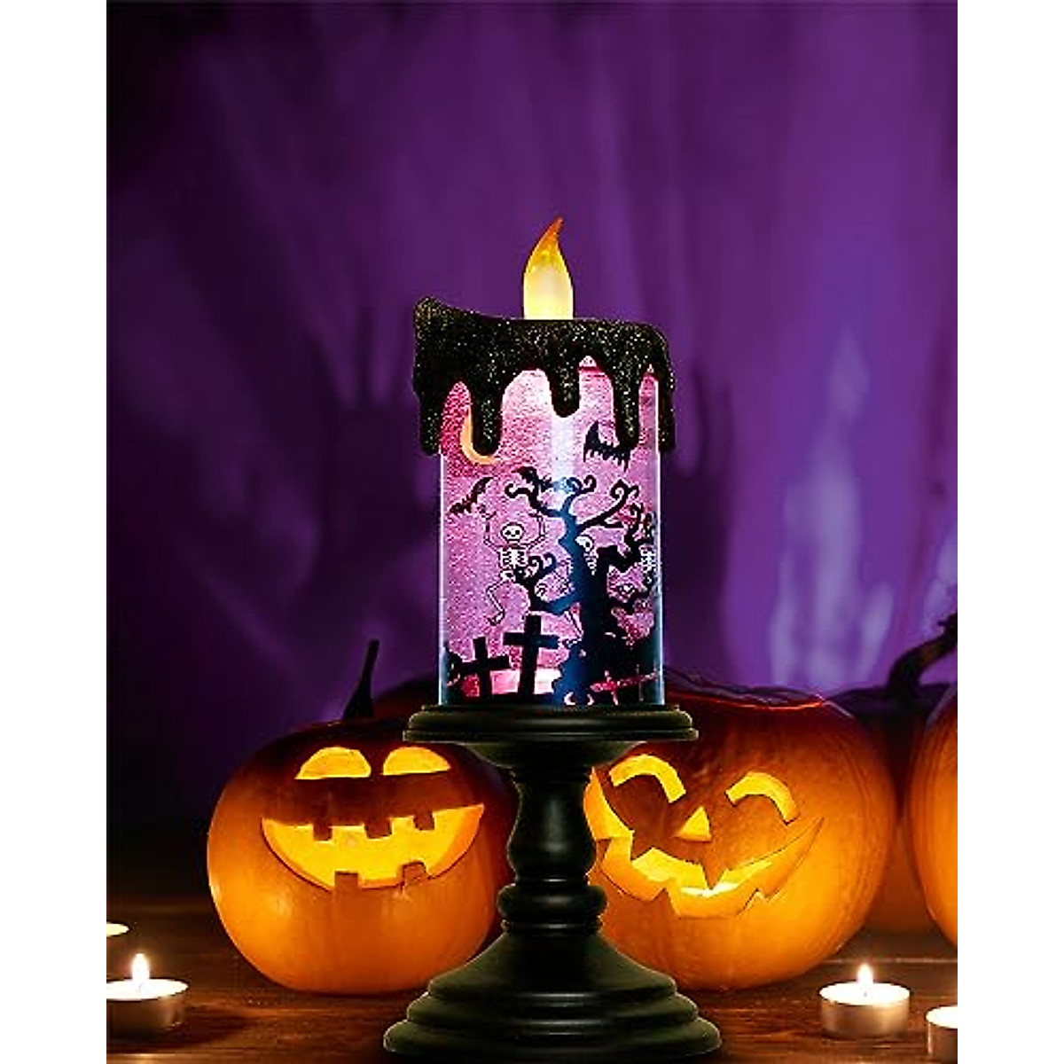 DERAYSION 10" Halloween Snow Globe Candle Lantern, Battery Operated Glittering Lighted Rotating Flameless Candles, 3 AA Battery-Powered Halloween Decoration Gifts for Friends, Loved Ones and Children