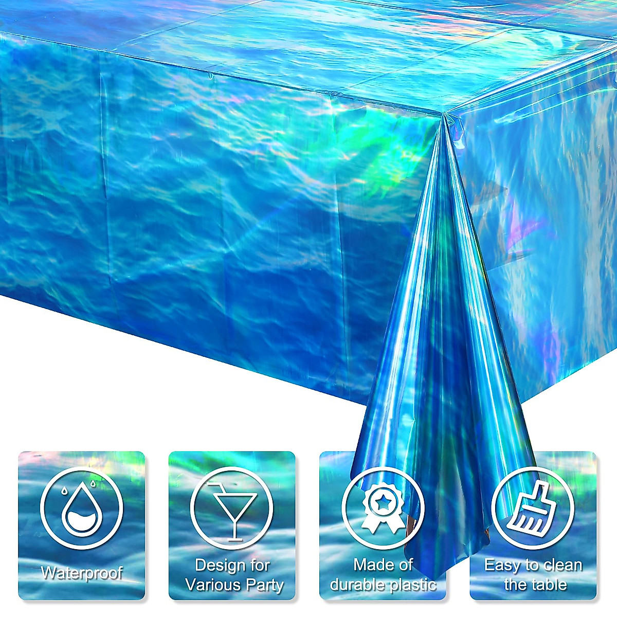 3 Pcs Iridescent Ocean Waves Tablecloths Disposable Plastic Ocean Blue Table Cloth Rectangle Table Covers for Under the Sea Beach Surf Ocean Pool Party Birthday Party Decorations, 54 x 108 Inch