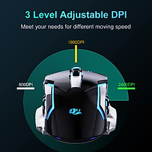 QELIROKY New 2.4G Wireless Rechargeable Gaming Mouse Silent Click with 6 Buttons, 3 Adjustable Levels DPI, Colorful LED Lights for Laptop, iPad, MacOS, PC, Windows, Android (Black)