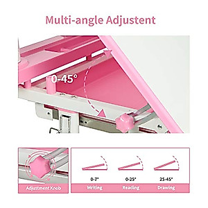 Diroan Kids Functional Desk and Chair Set, Ergonomic Height Adjustable Children School Study Desk with Tilt Desktop, Book Stand, LED Light, Metal Hook and Storage Drawer for Boys Girls(Pink)
