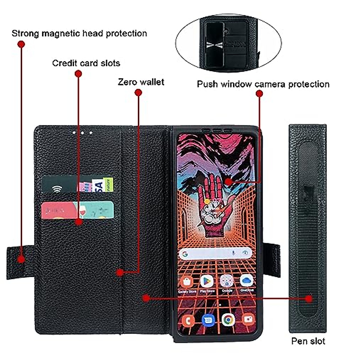 KUGEW for Samsung Galaxy Z Fold 5 Case with S Pen Holder & Camera Cover, Luxury Leather Wallet Phone Cover Built-in S Pen Slot Kickstand Function Card Holder Hinge Protection Shockproof (Black)