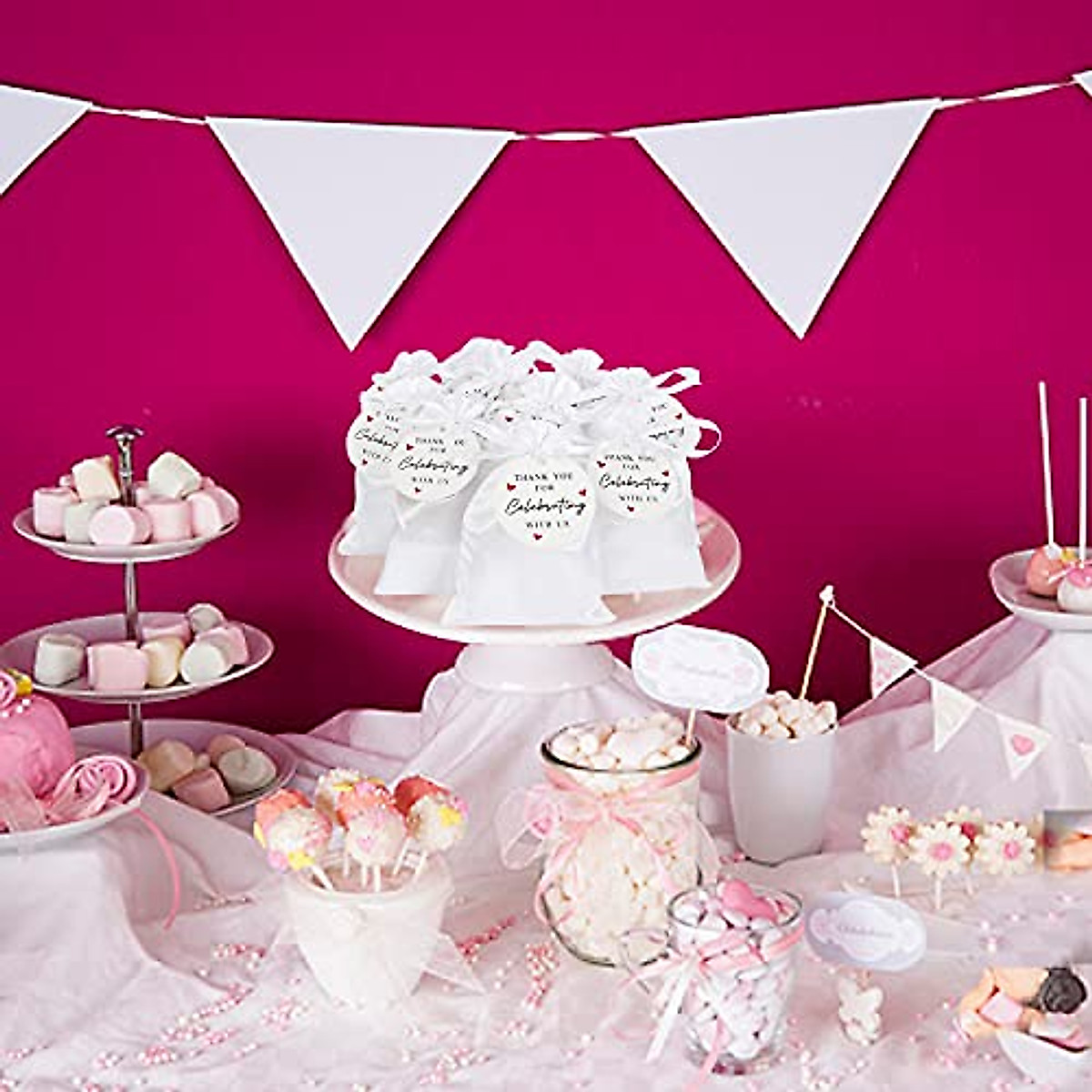 BEAVOING 60PCS Satin White Gift Bags, 4 x 6 Inches Jewelry Pouches Wedding Favor Drawstring Bags Baby Shower Christmas Gift Bags, Candy Bags with Thank You Tags