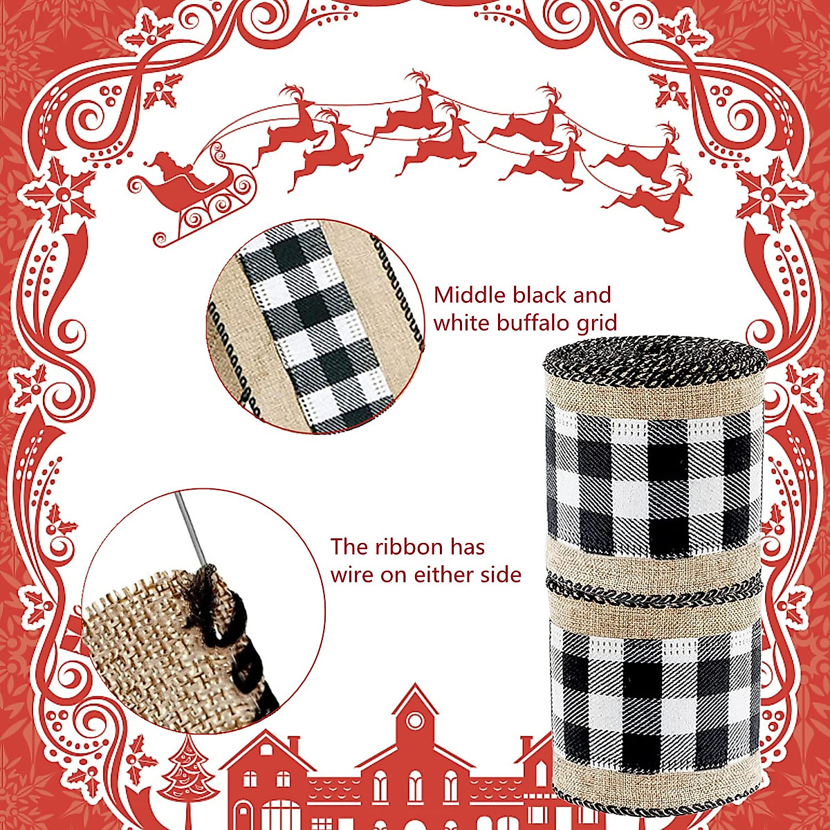 2 Rolls 12 Yards Buffalo Plaid Ribbons Burlap Wired Edge Plaid Ribbons 1.5 Inch Wide Check Gingham Fabric Craft Ribbon for Gift Wrapping DIY Bows Decoration Home Party Decor