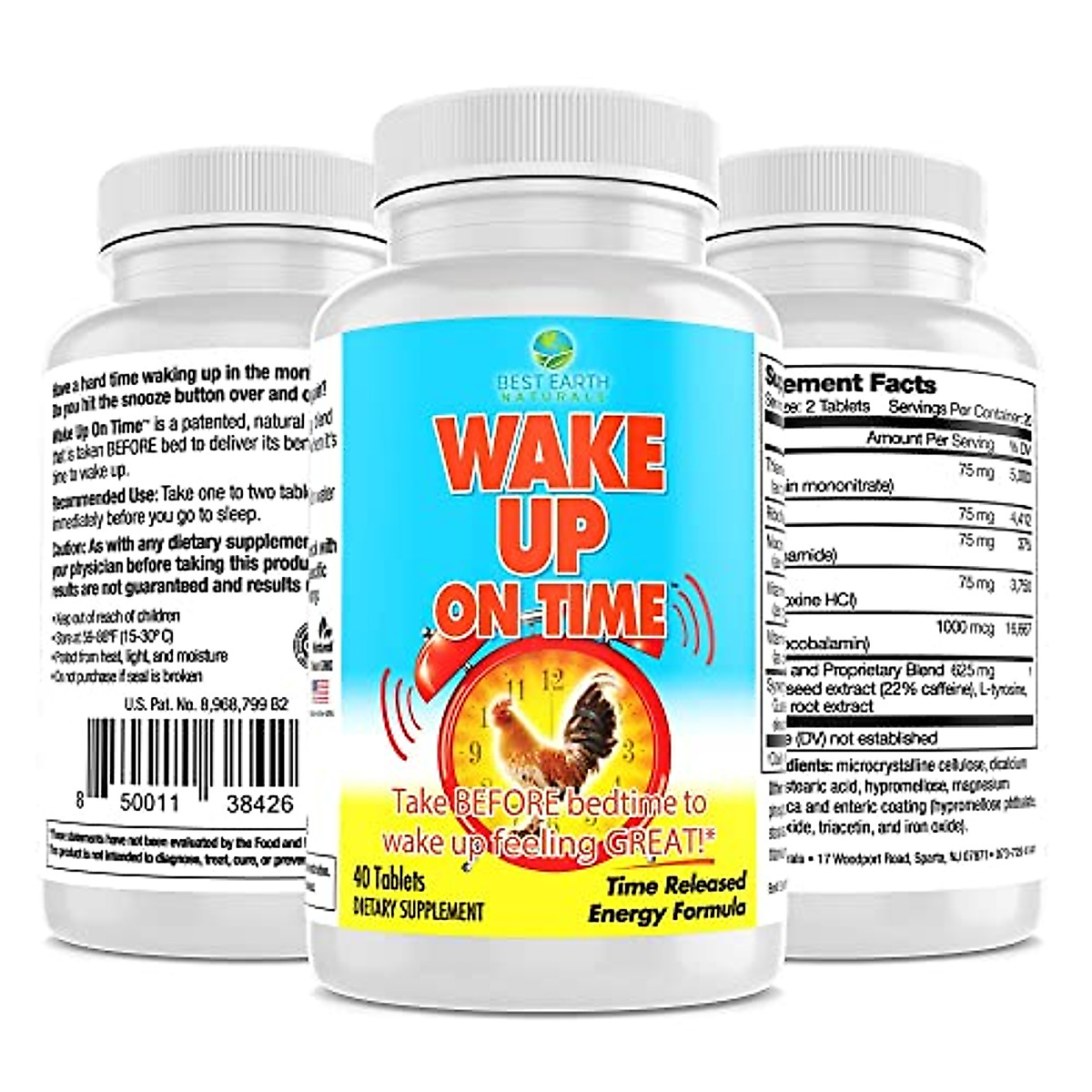 Wake Up On Time Patented Time Release Energy Supplement Taken at Bedtime to Help You Wake Up Refreshed and Full of Energy 40 Count
