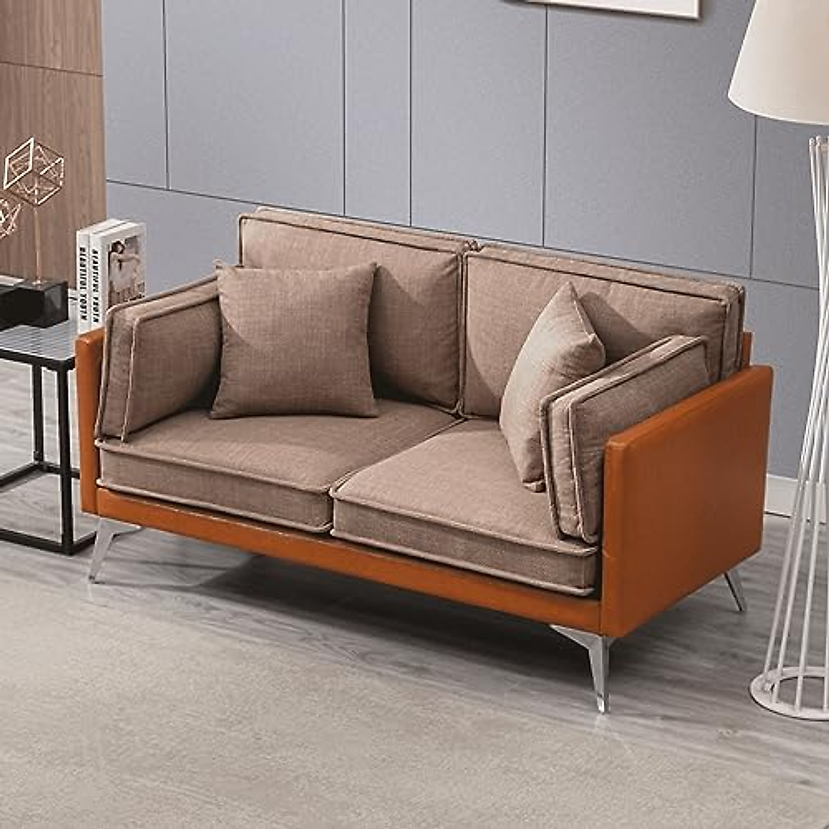 CECER Loveseat Sofa Couches for Living Area, Luxurious Modern 2 Seater Sofa with Faux Leather Frame, Mid Century Linen Upholstered Sofa Couch with 2 Accent Pillows for Bonus Room Office, Orange