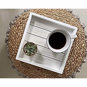 White Square Tray Wooden Serving Tray for Ottoman Vanity Coffee Table Breakfast in Bed Tea Accessory Organizer (12 x 12 x 2 & 10 x 10 x 1.2, Set of 2) (White)