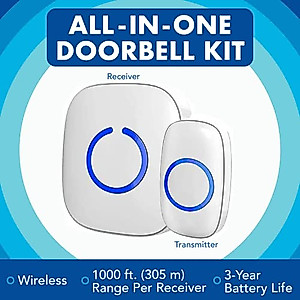 SadoTech Wireless Doorbells for Home, Apartments, Businesses, Classrooms, etc. - 2 Door Bell Ringer & 1 Plug-In Chime Receiver, Battery Operated, Easy-to-Use, Wireless Doorbell w/LED Flash, White