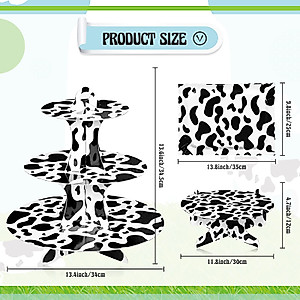 7 Pieces Cow Print Cupcake Stand Set Cow Print Party Supplies 3-Tier Cardboard Cupcake Stand Round Dessert Cake Stand Cow Cupcake Holders Rectangle Serving Tray Cow Party Decorations