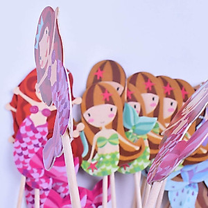 Double sided-Mermaid 24 PCS Handmade Pretty Mermaid Cupcake Toppers Baby Girls Children Kids Toddlers Teens Picnic Birthday Bridal Shower Baby Shower Wedding