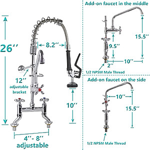 YooGyy Commercial Sink Pre-Rinse Sprayer 4-8 Inch Center Deck Mount 26’’ Height Kitchen Faucet, Dual Hole Dual Handles with High Pressure Pull Down Spray Valve and 10’’ Add on Spout