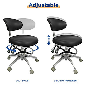 LIMKOMES Medical Dental Assistant Stool with Adjustable Backrest Rolling Ergonomic Swivel Seating Dentist Chair for Clinics, Dental Office, Lab-Black