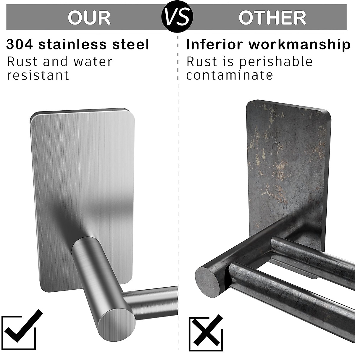 Taozun Towel Bar - 24 Inch Towel Holder with 2 Packs Adhesive Hooks, Hand Towel Rack Stick on Wall, Stainless Steel Bathroom Hardware Accessory Kit