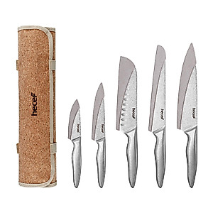 hecef Vintage Style Kitchen Knife Sets,Scratch Resistant Camping Matte Knives with 5 Slots Recycled Oxford Cloth Knife Roll Bag & Covers,Stonewashed High Carbon Stainless Steel Blades & Hollow Handle