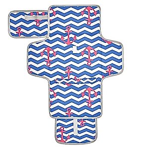 Nautical Anchors Wavy Portable Baby Changing Pad Diaper Changing Table Pad Waterproof Travel Changing Station Mat with Built-in Pillow for Baby Newborn Gift Stuff