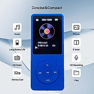 MP3 Player 32GB with Speaker FM Radio Earphone Portable Mini Blue Music Player Voice Recorder E-Book 1.8 inch HD Screen Support up to 128GB