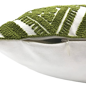 Alysheer Embroidered Decorative Throw Pillow Cover 18"x18", Boho Geometric Modern Thick Embroidery Pattern, Durable Cotton Canvas Soft Cushion Case for Sofa Couch Bed Living Room (Olive Green)