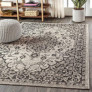 JONATHAN Y SMB102D-4 Rozetta Boho Medallion Textured Weave Indoor Outdoor Area -Rug Coastal Bohemian Rustic Glam Easy -Cleaning Bedroom Kitchen Backyard Patio Non Shedding, 4 X 6, Gray/Black