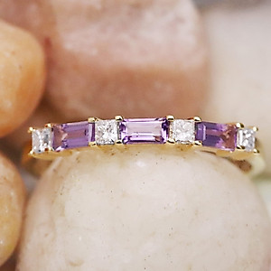 Dazzlingrock Collection 4x2mm Baguette Amethyst & Princess White Diamond Wedding Band for Women in 10K Yellow Gold Size 6