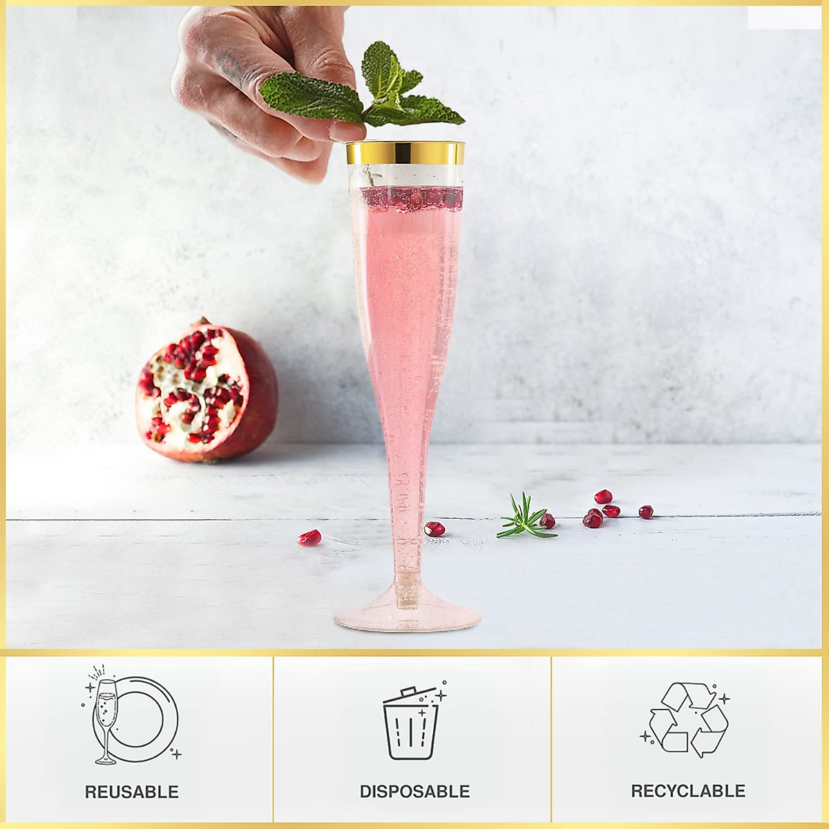 CHATEAU FINE TABLEWARE 36 Plastic Champagne Flutes, 6.5 Oz Plastic Glasses Gold Rim & Glitter Gold Mimosa Glasses, Brunch Decor, Plastic Flutes Champagne Disposable